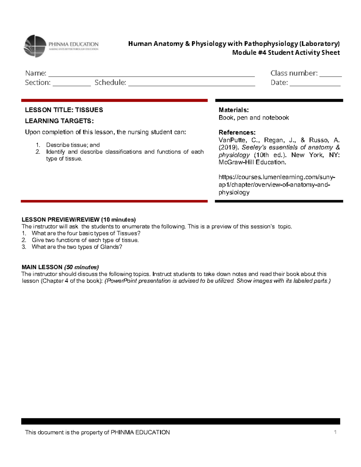 SAS-4: Tissues Lesson Activity Sheet for Human Anatomy & Physiology ...