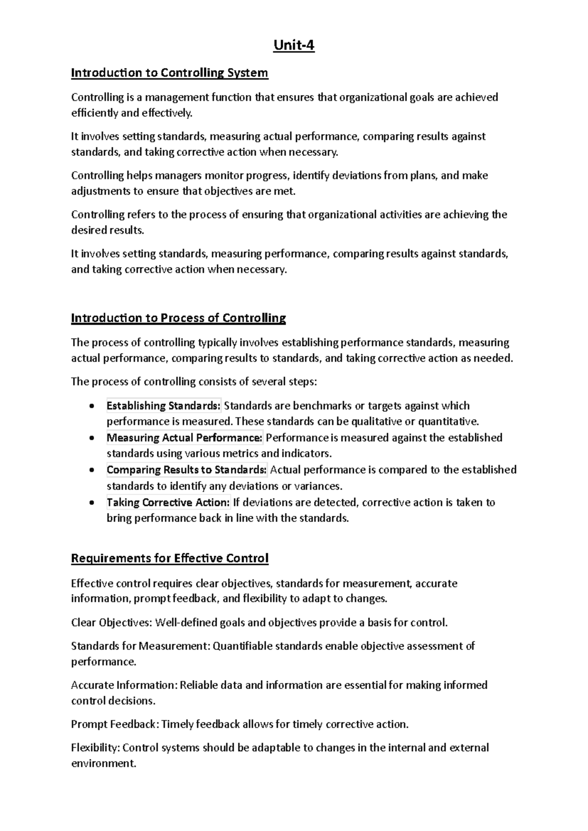 Unit 4 PME: Comprehensive Notes on Controlling Systems and Techniques ...