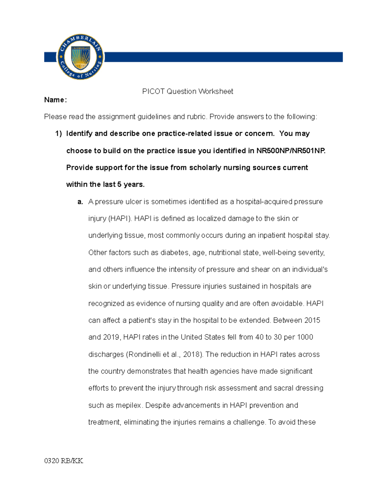 NR505NP Picot Question Worksheet 051220 - PICOT Question Worksheet Name ...