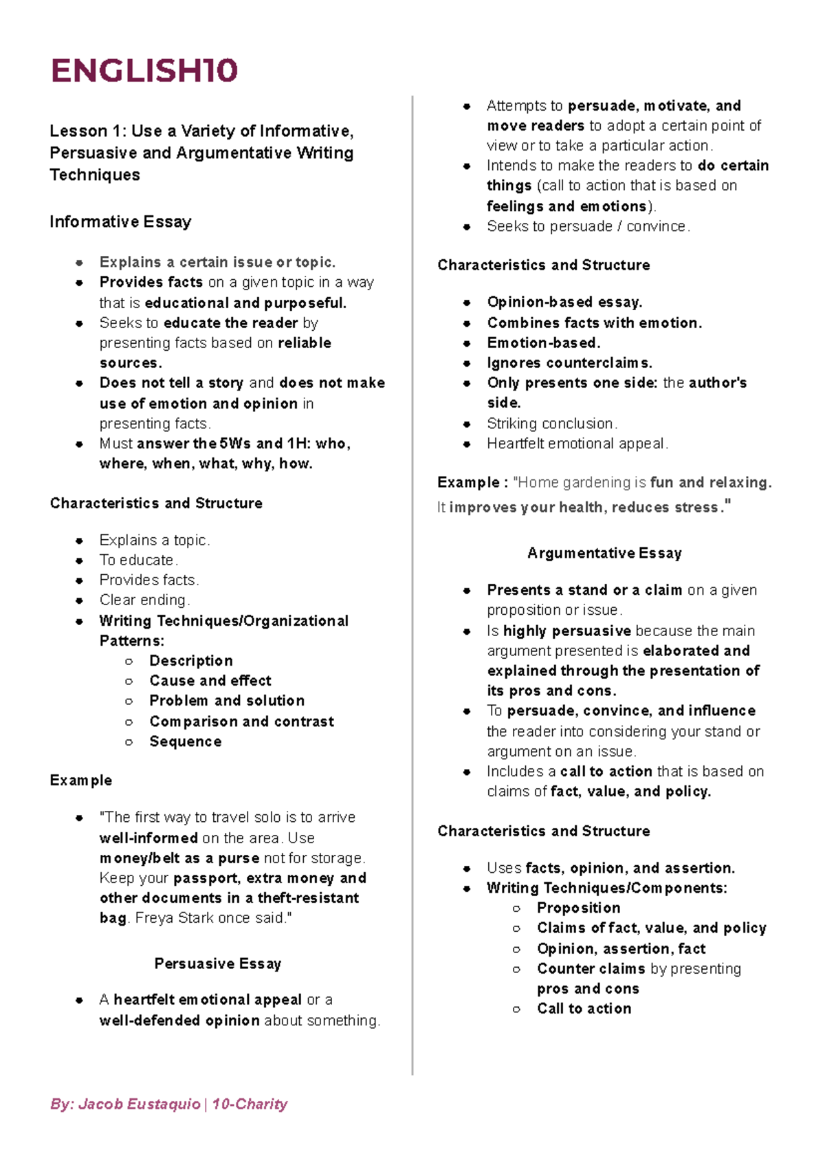 ENGLISH10 Lesson 1: Writing Techniques for Informative Essays - Studocu