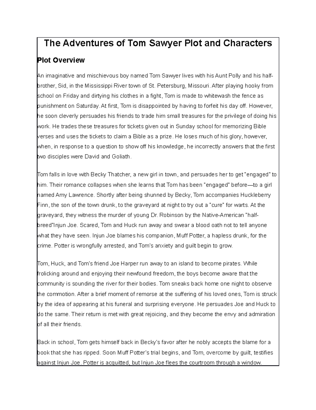 The Adventures of Tom Sawyer - Plot Summary and Character Analysis ...