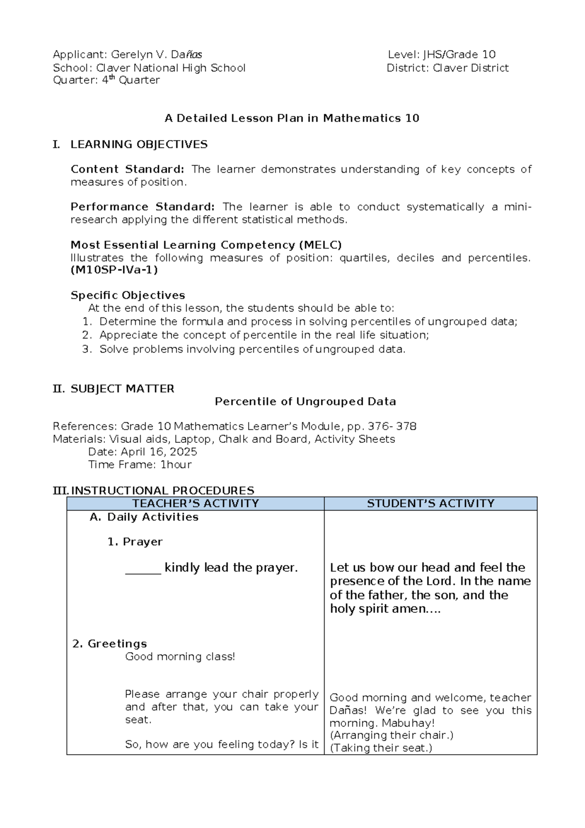 Detailed Lesson Plan on Percentiles in Math 10 (4th Quarter) - Studocu