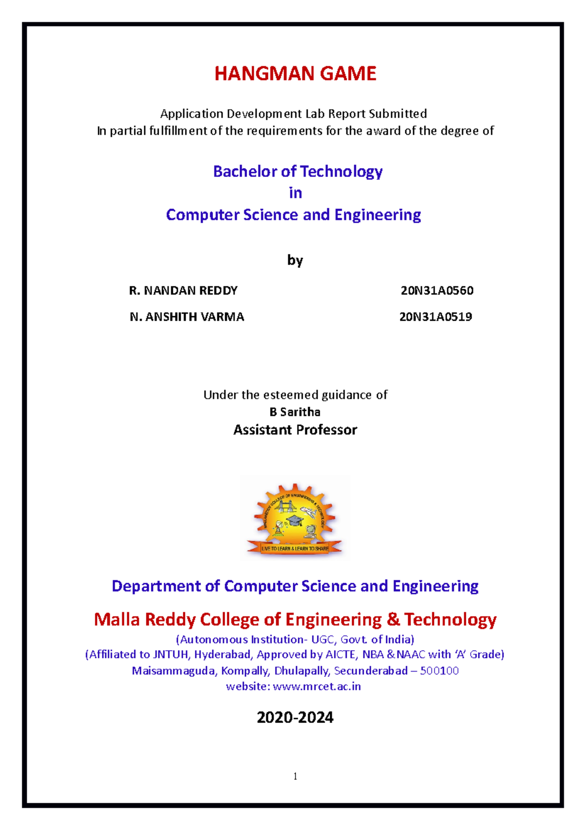 B.Tech CSE Project Report: Hangman Game Development - Studocu