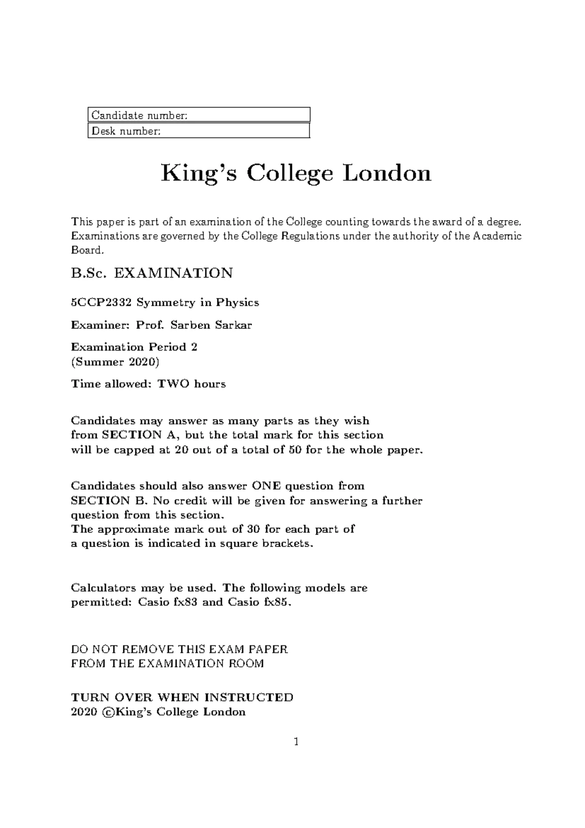 6CCP3212 Statistical Mechanics Final Exam - Summer 2014 - Studocu