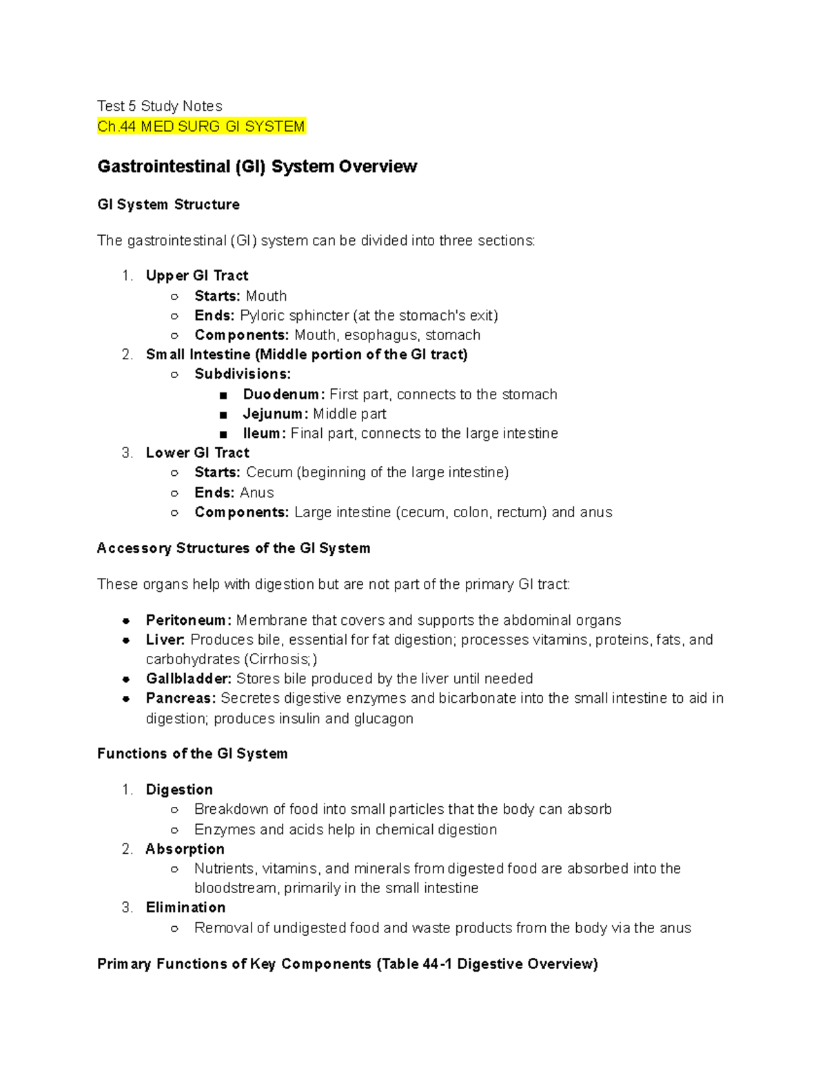 Test 5 Ch.44 MED SURG GI System - Test 5 Study Notes Ch MED SURG GI ...