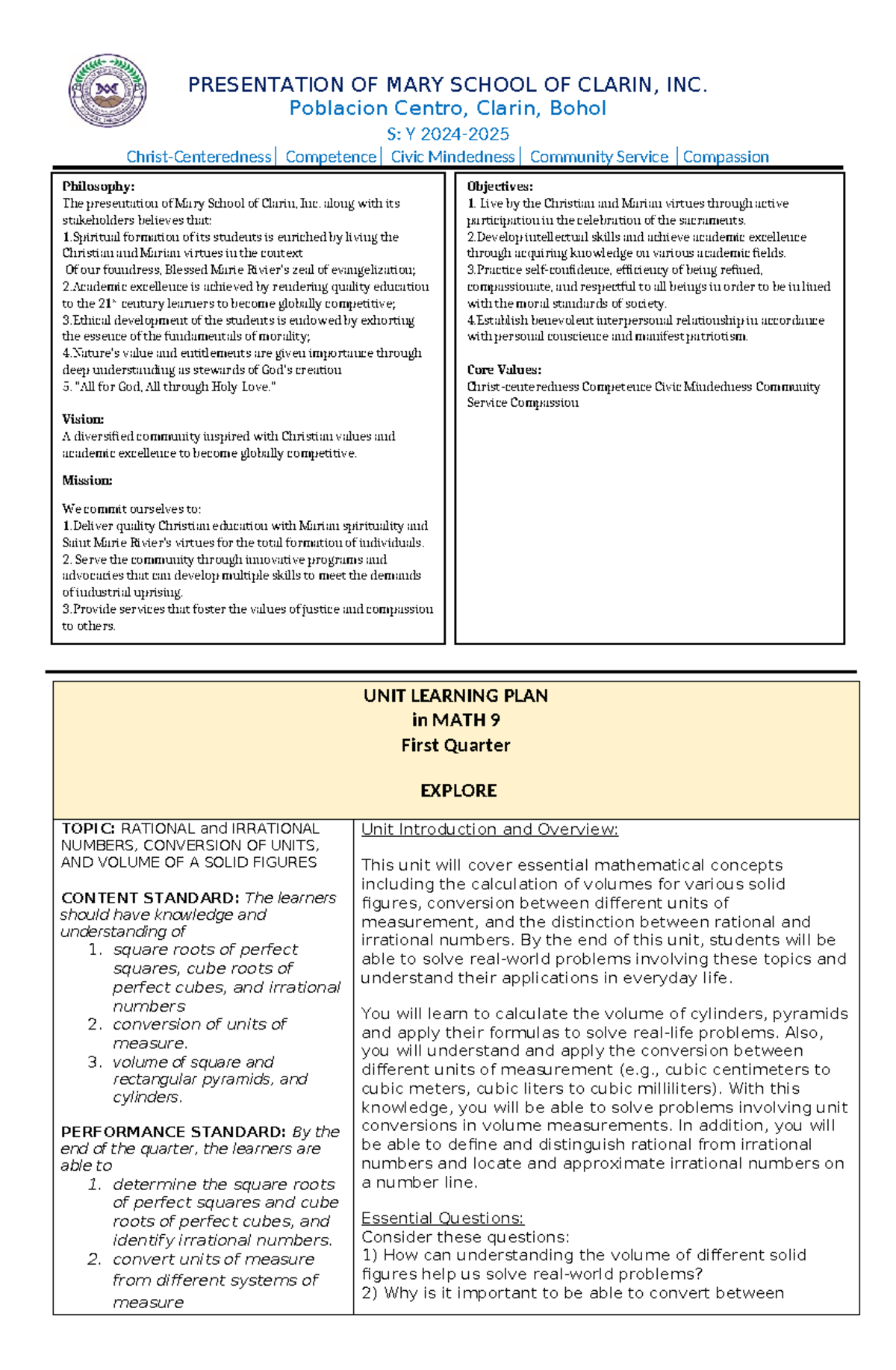 Unit Learning Plan Grade 7 2nd - PRESENTATION OF MARY SCHOOL OF CLARIN ...