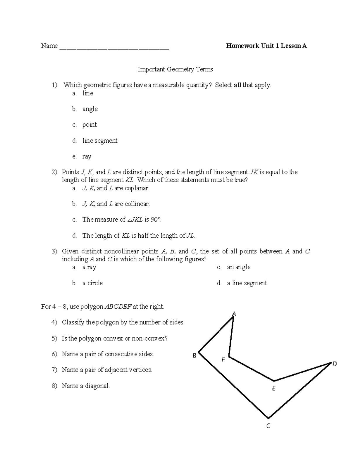 Geometry Homework - Unit 1 Lesson A - Key Terms & Problems - Studocu