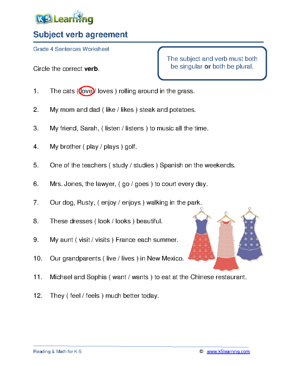 Grade 4 Subject-Verb Agreement Worksheet: Circle the Correct Verb - Studocu