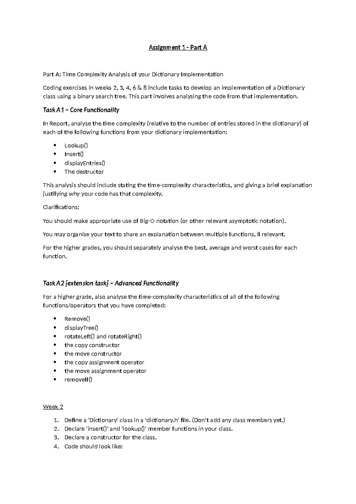Assignment 1 Part A: Time Complexity Analysis of Dictionary Implementation - Studocu