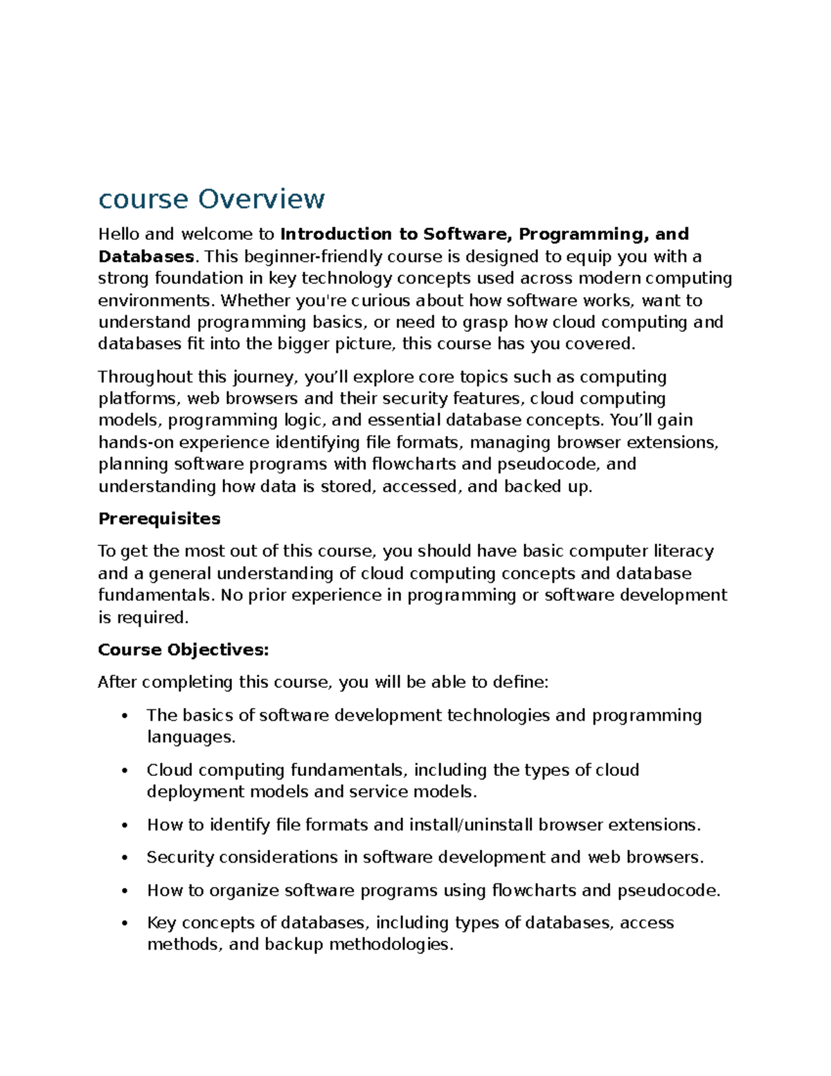 Introduction to Software, Programming, and Databases (CS101) Overview - Studocu