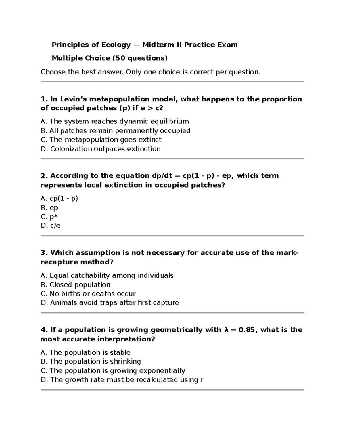 Principles of Ecology Midterm II Practice Exam: Multiple Choice ...