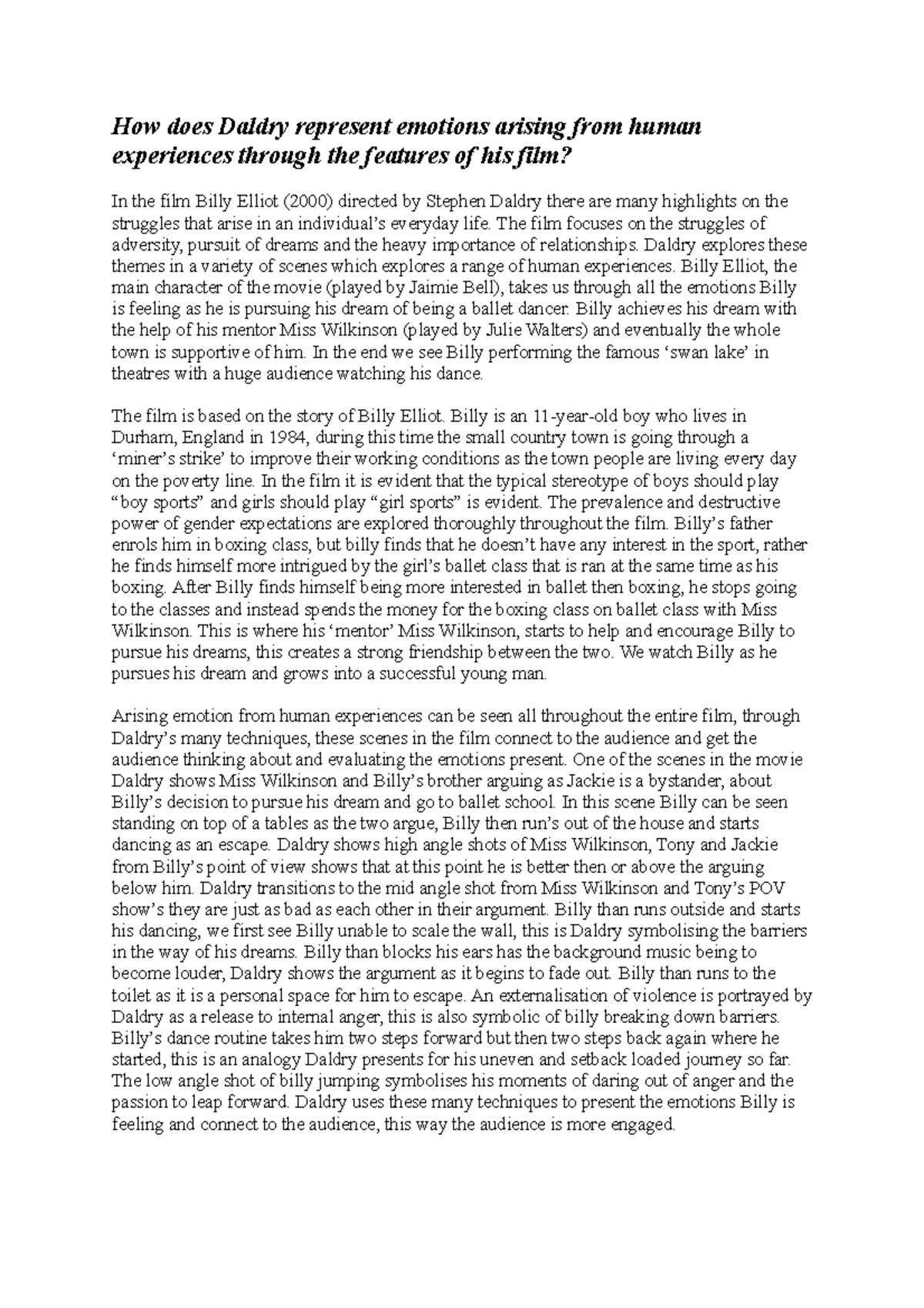 Billy Elliot Essay: Exploring Emotions and Gender Expectations - Studocu