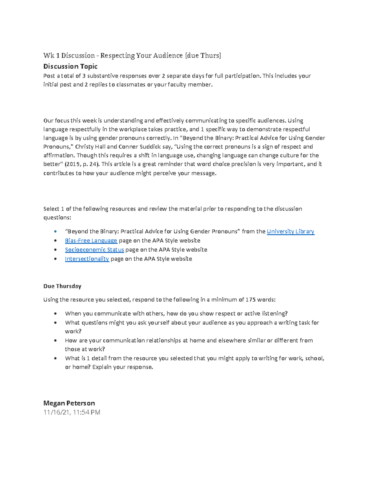 Wk1 Discussion Assignment: Respecting Your Audience in English Comp ...