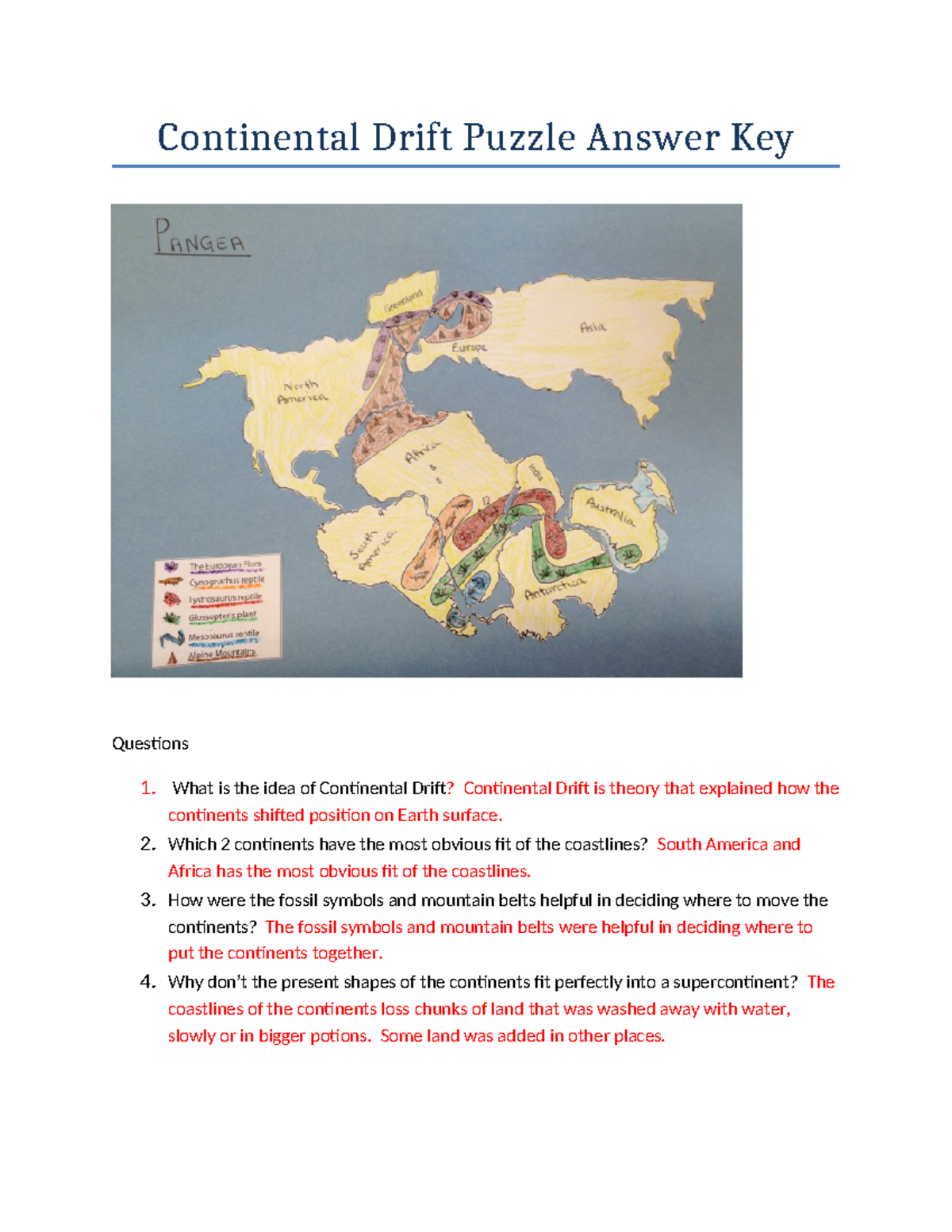 Continental Drift Puzzle Answer Key: Key Concepts & Questions - Studocu