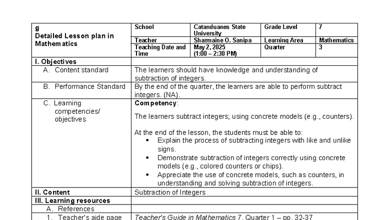 Mathematics 7 Detailed Lesson Plan: Subtraction of Integers - Studocu