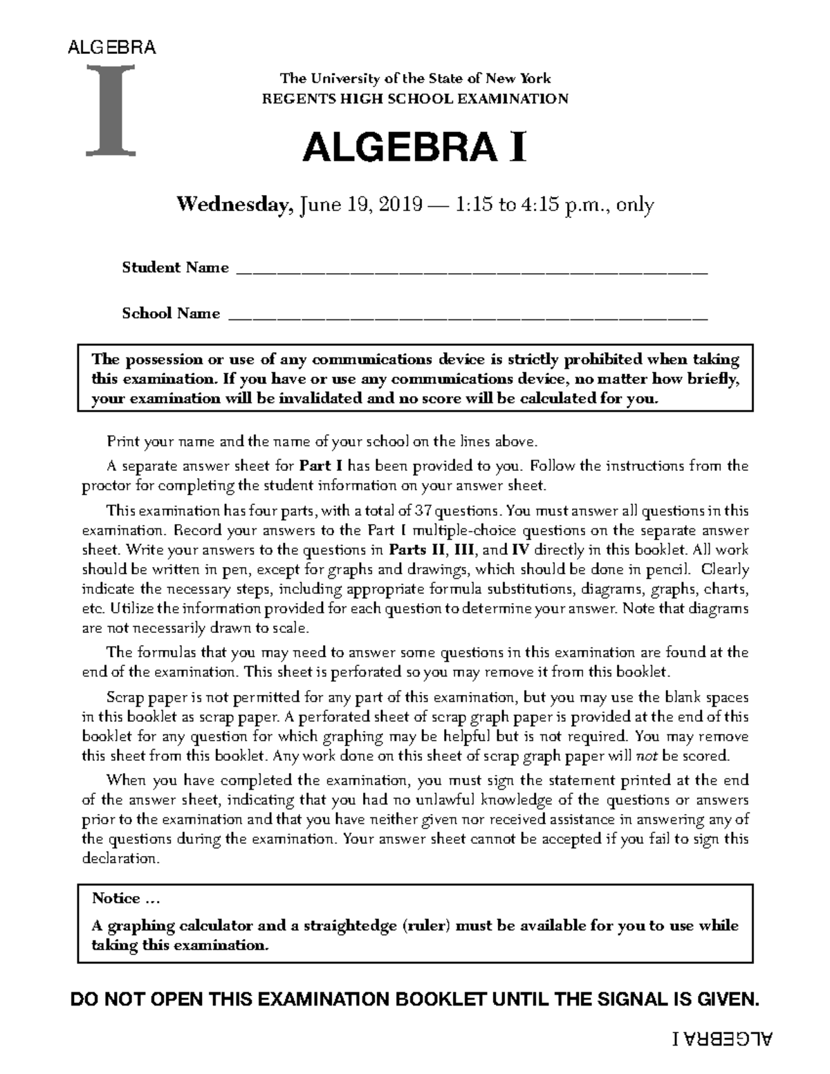 ALGEBRA I REGENTS EXAM PRACTICE - JUNE 2019 - Studocu