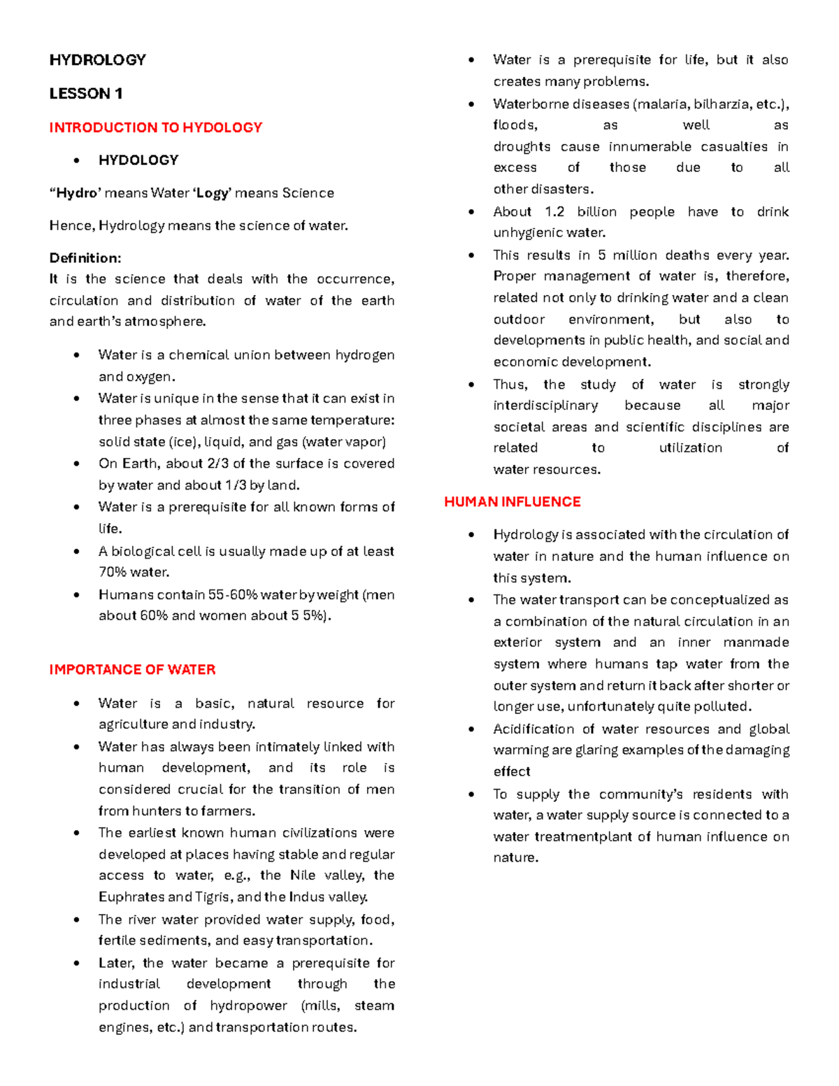 Hydrology L1: Introduction to Hydrology and Water Cycle Concepts - Studocu