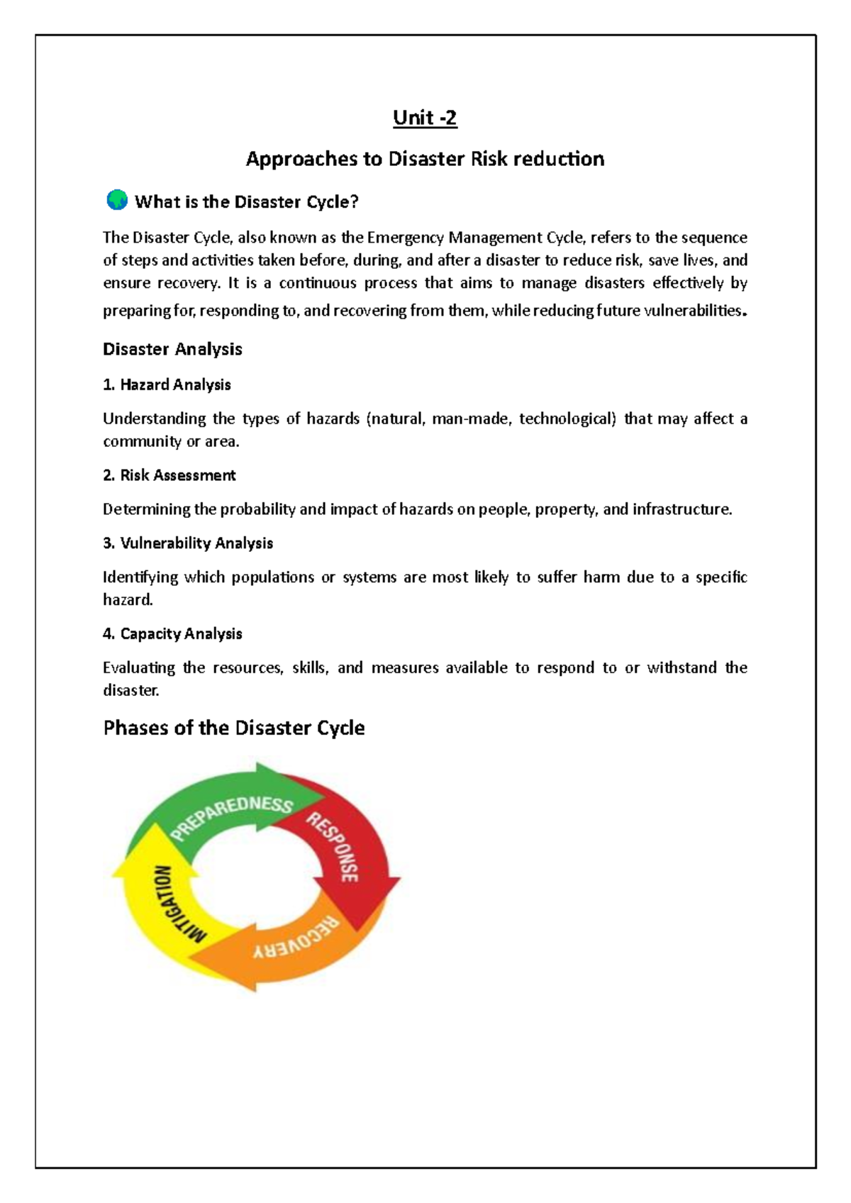 DM UNIT-2: Understanding the Disaster Cycle and Risk Reduction ...