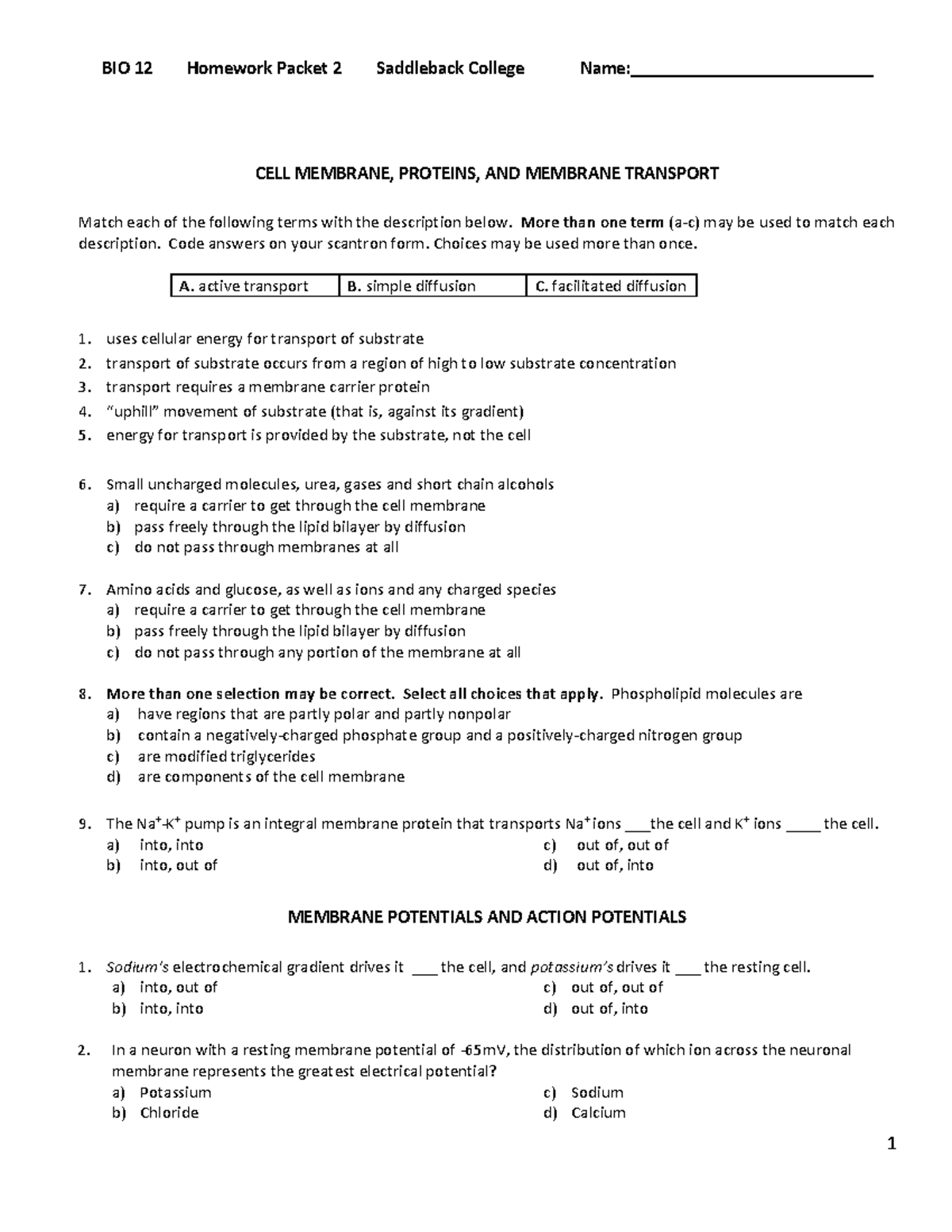BIO 12 Homework Packet 2: Cell Membrane, Proteins & Membrane Transport ...