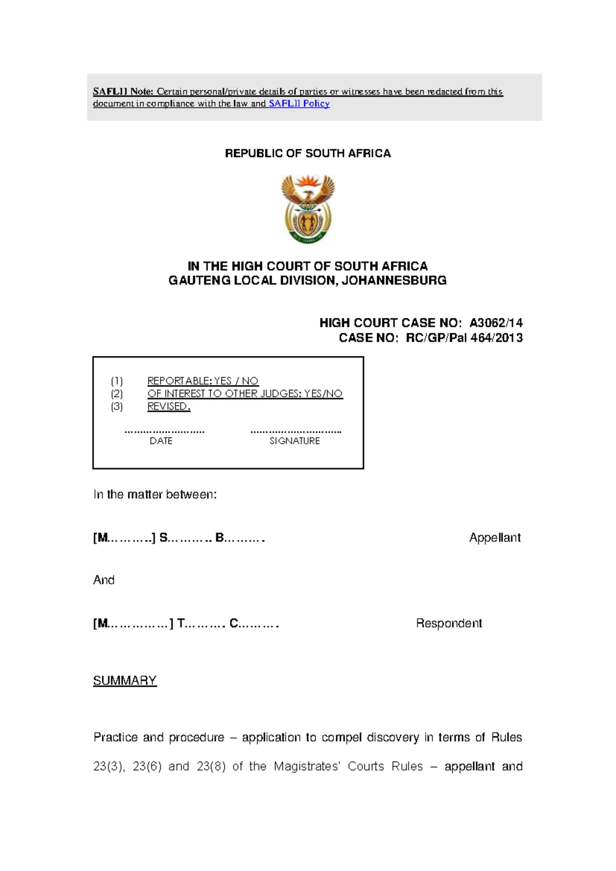 Notice OF SET DOWN - IN THE HIGH COURT OF SOUTH AFRICA ...