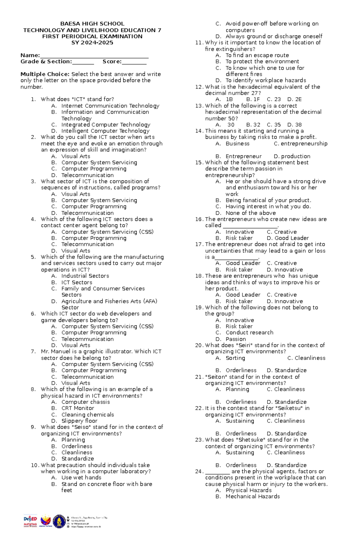 Grade 7 ICT 1st Periodical Exam Answer Key and Correction Guide - Studocu