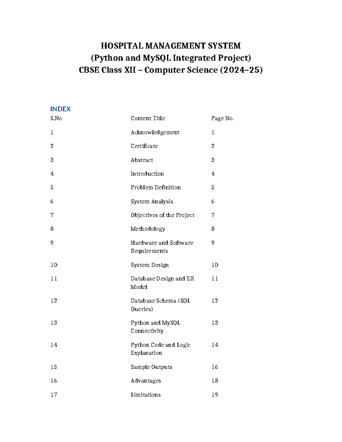 Hospital Management System Project CBSE Class XII Comp Sci - Studocu
