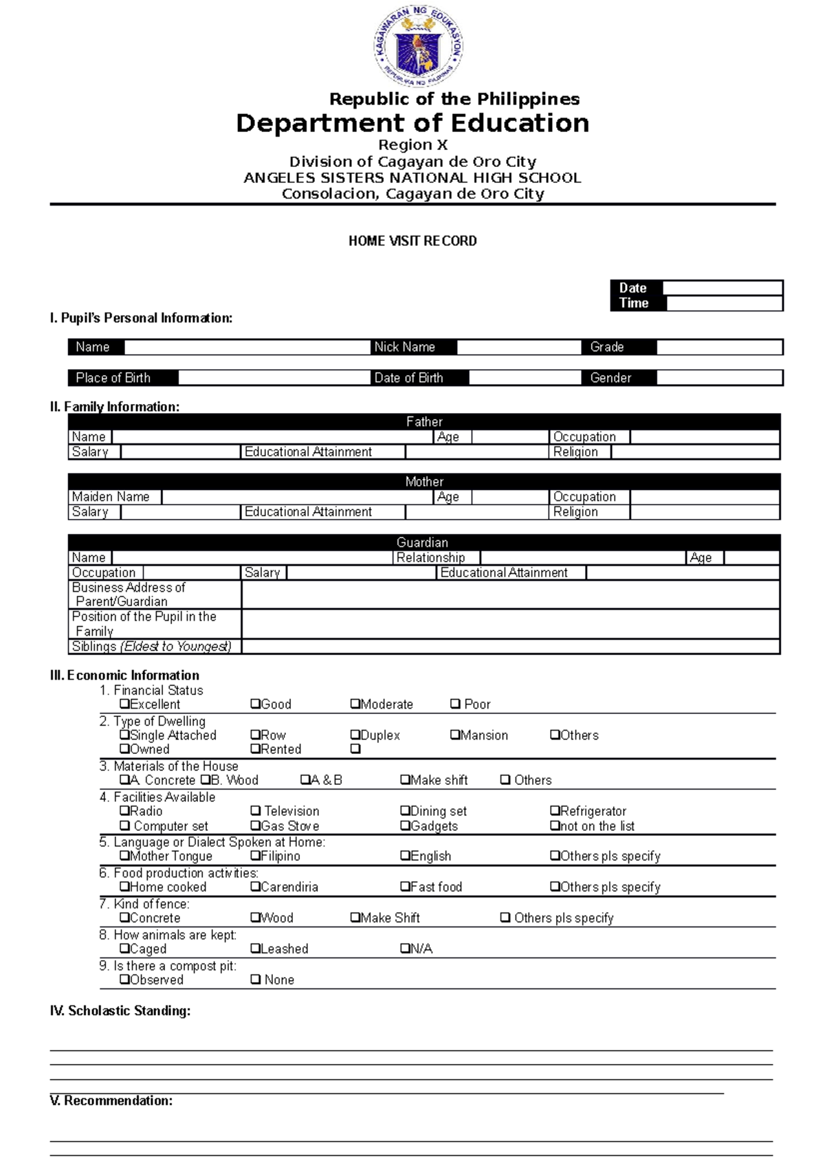 HOME Visit Record Template - Republic of the Philippines Department of ...