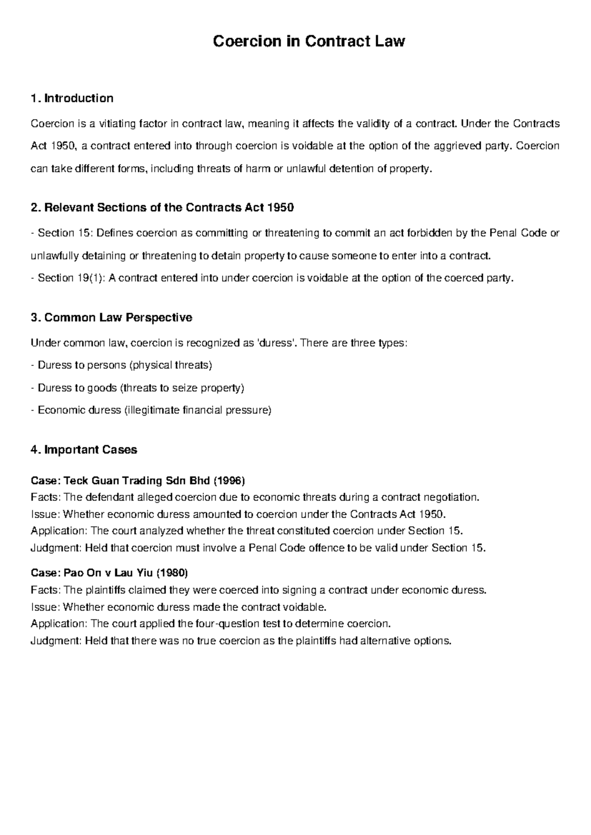 Coercion in Contract Law: Key Concepts & Case Studies (CL 101) - Studocu