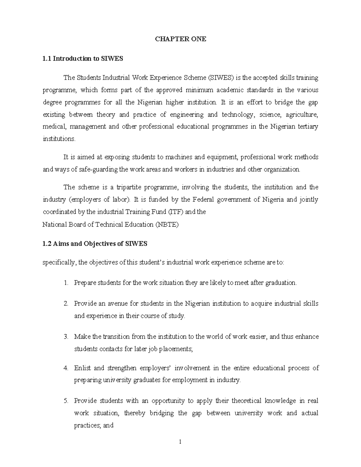 HMT Siwes Report - CHAPTER ONE 1 Introduction to SIWES The Students ...