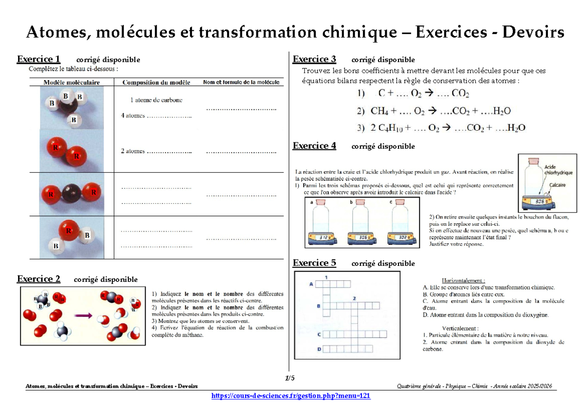 Atomes, Molécules et Transformations Chimiques - Exercices Corrigés ...