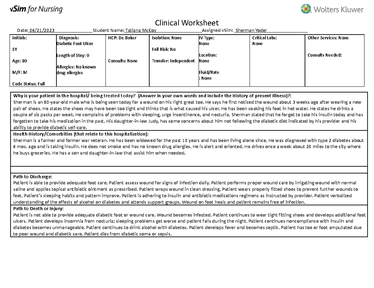 Clinical Worksheet for vSim Case: Sherman Yoder - Diabetic Foot Care ...