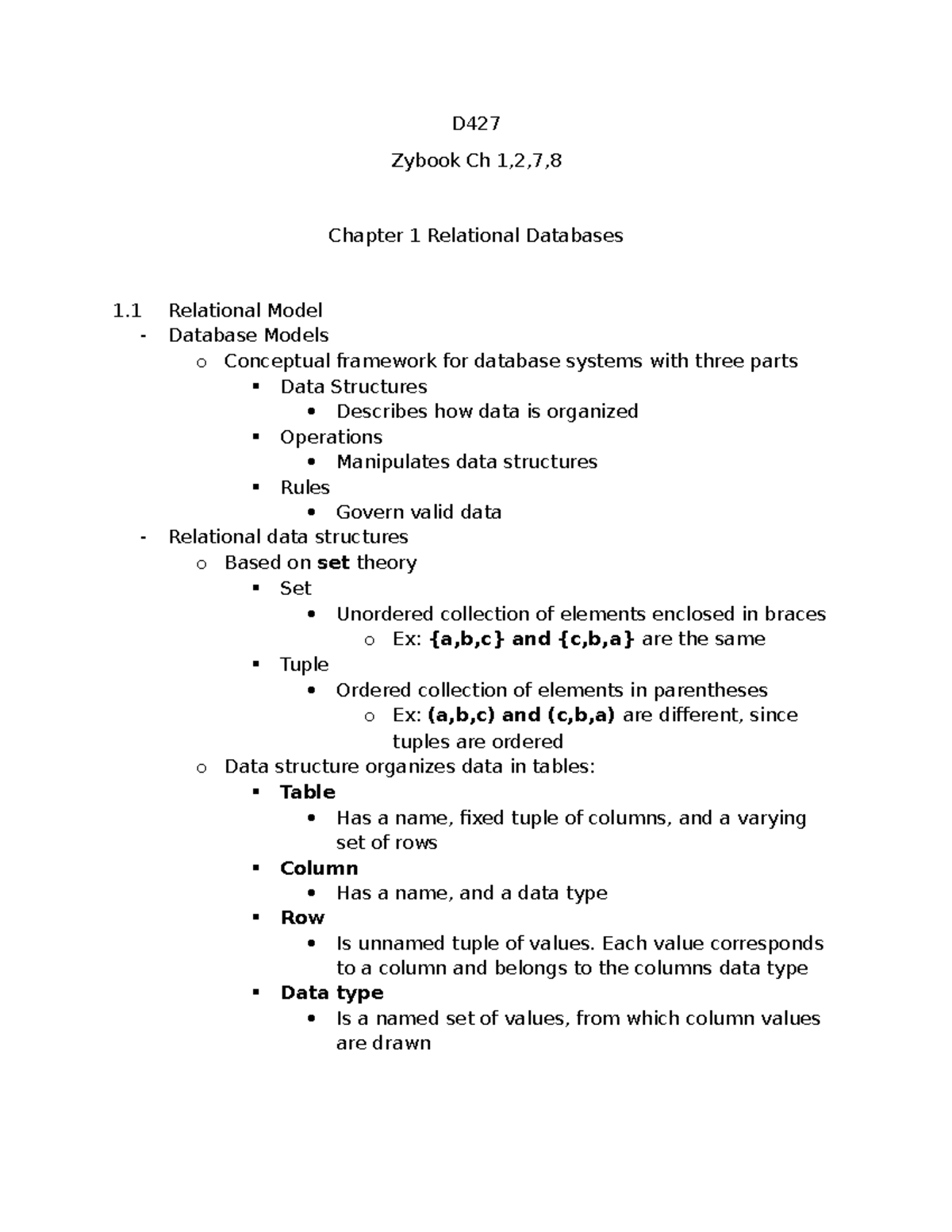 D427 - Notes - D Zybook Ch 1,2,7, Chapter 1 Relational Databases 1 ...