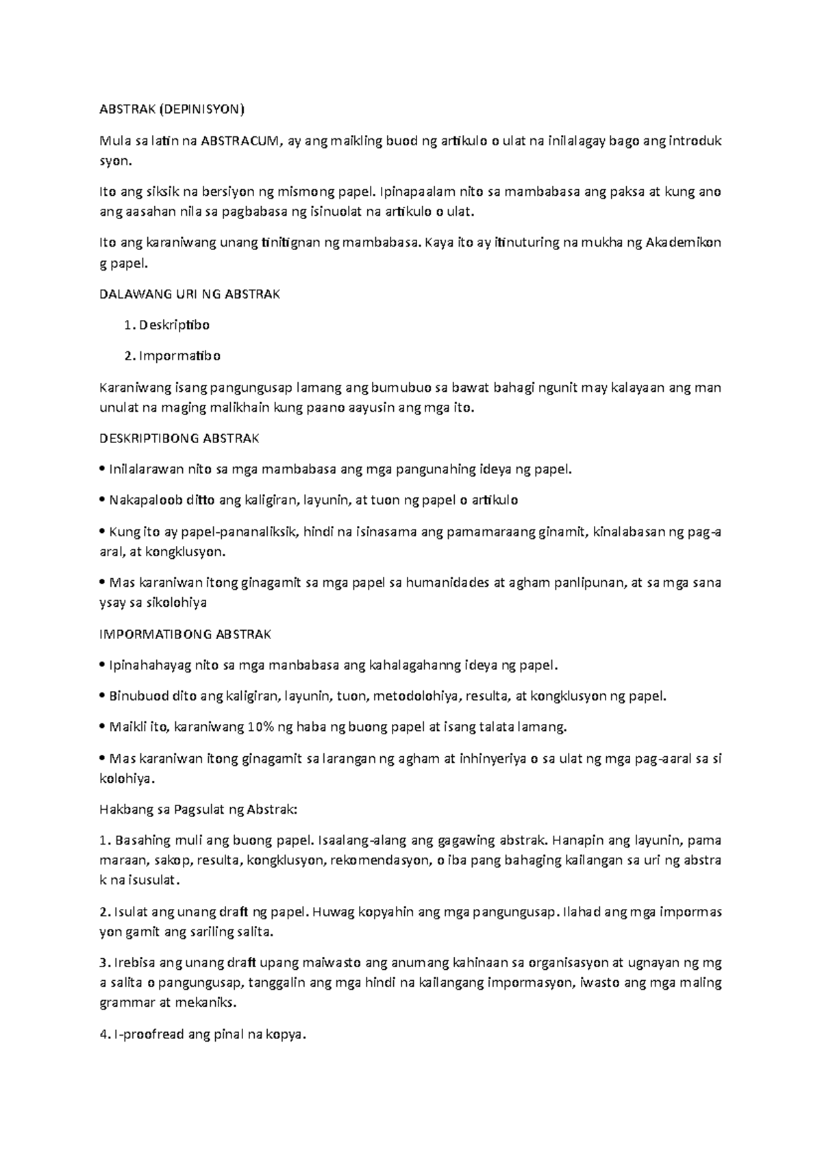 Pagsusuri at Pagsulat ng Abstrak: Kahulugan at Halimbawa - Studocu