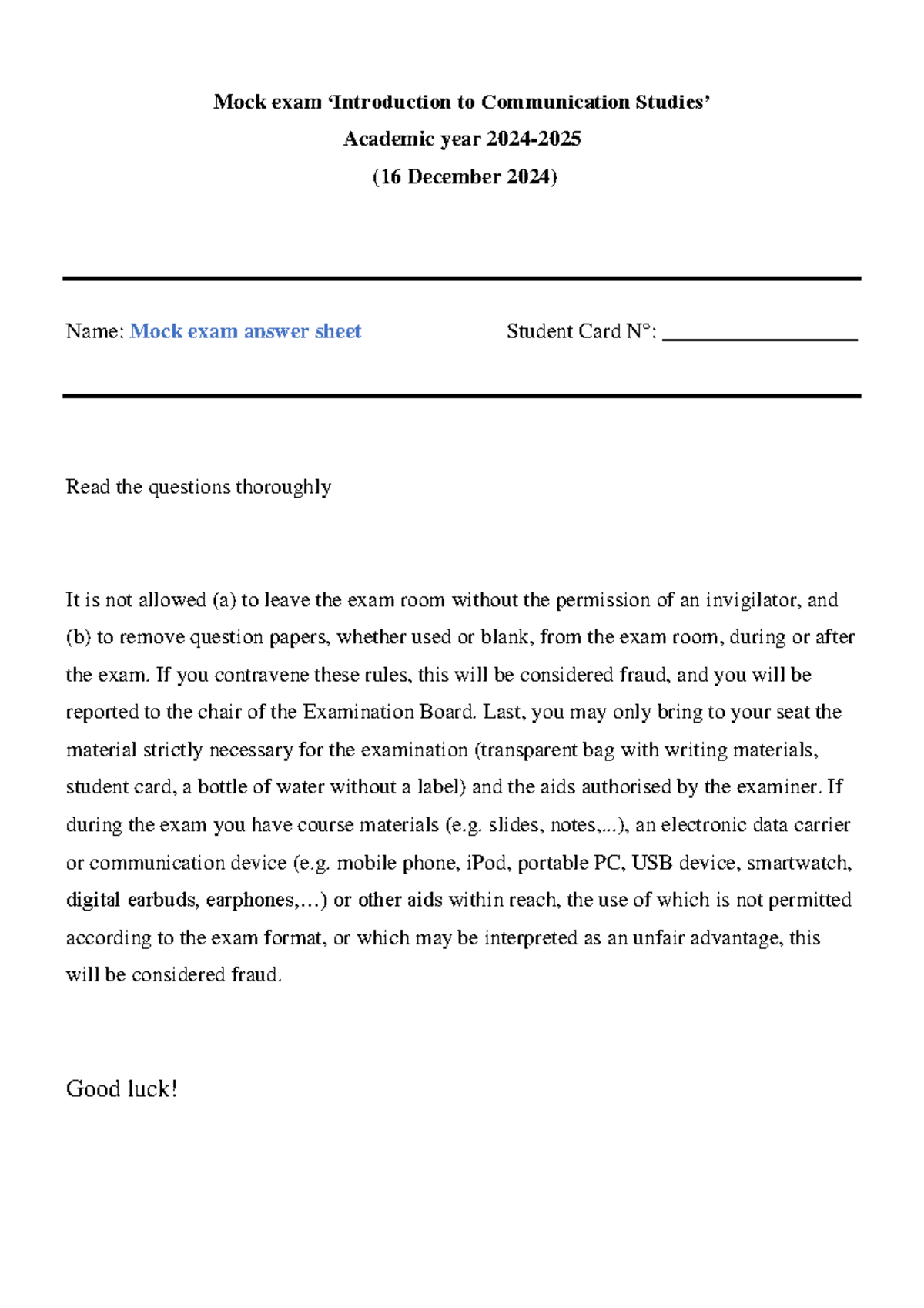 Mock Exam Answers for Introduction to Communication Studies (2024-2025 ...