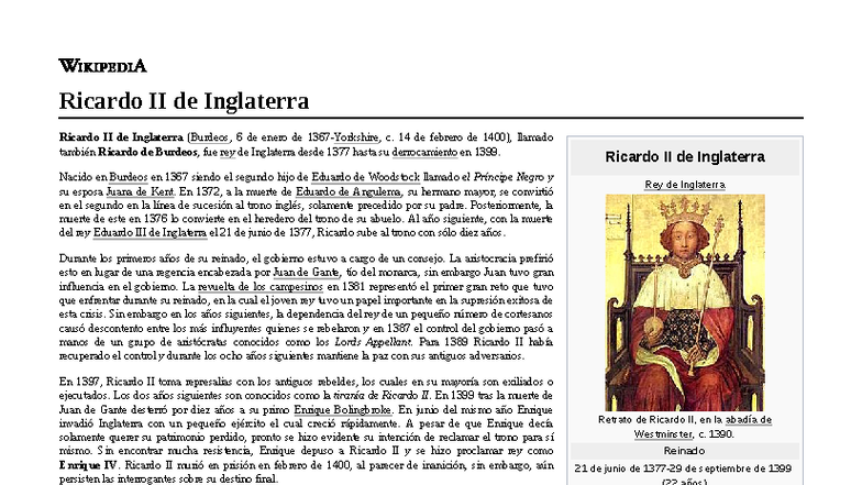 Estudio sobre Ricardo II de Inglaterra: Reinado y Caída - Studocu