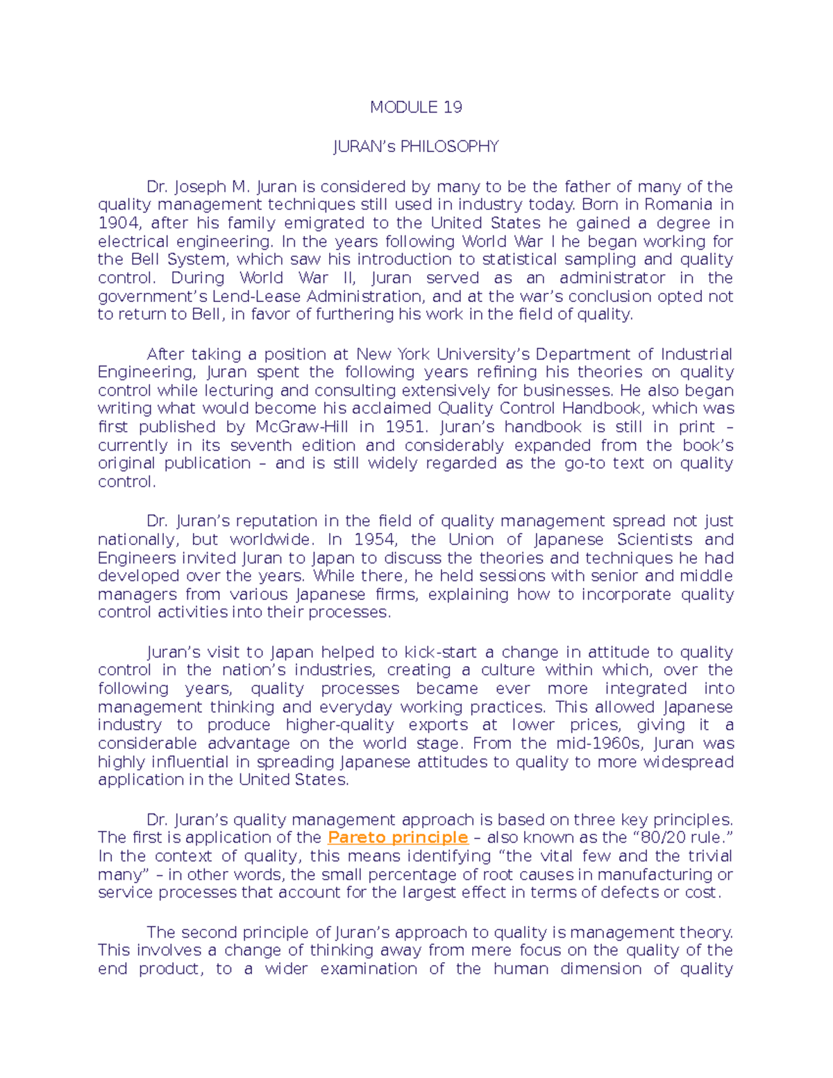Module 19 - Understanding Juran's Philosophy and Quality Principles ...
