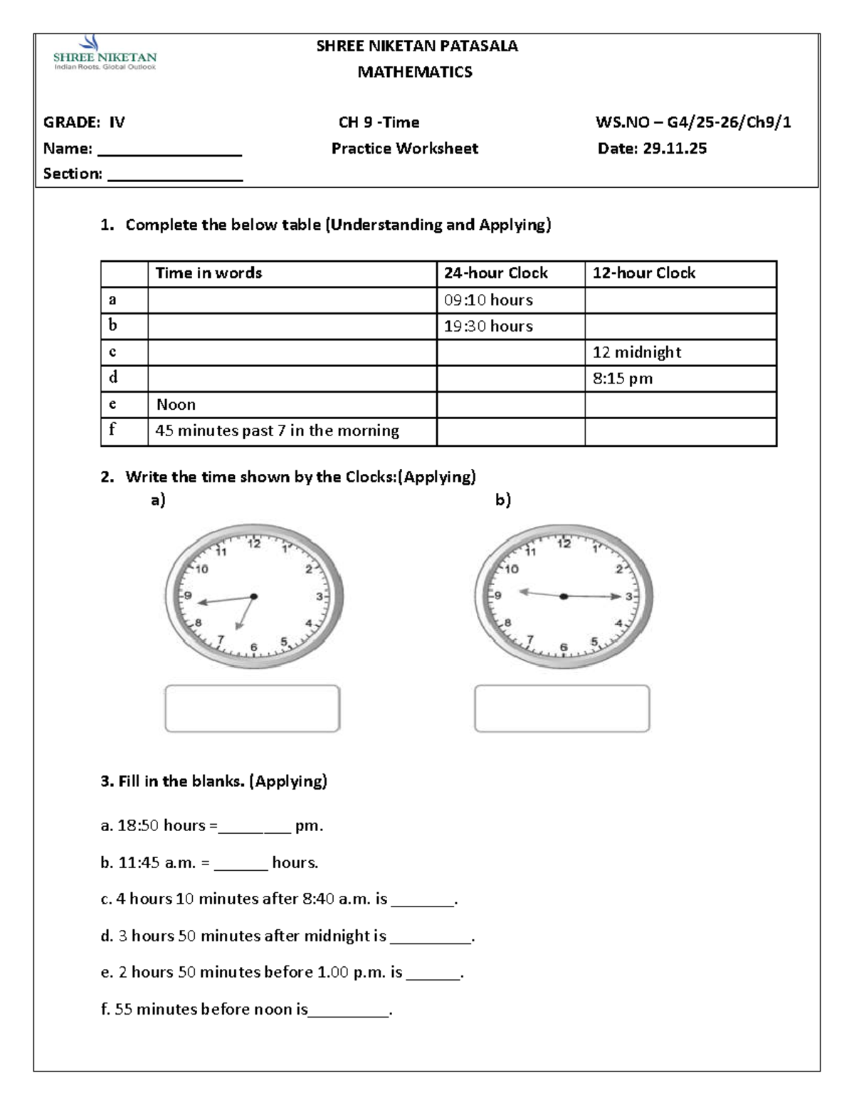 G4 Mathematics CH 9 Time Practice Worksheet (29-11-25) - Studocu