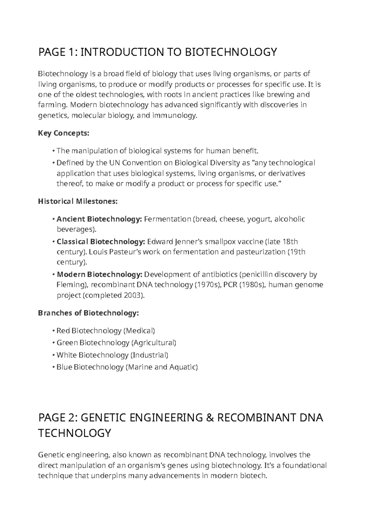 Biotechnology Class Notes: Key Concepts & Applications - Studocu