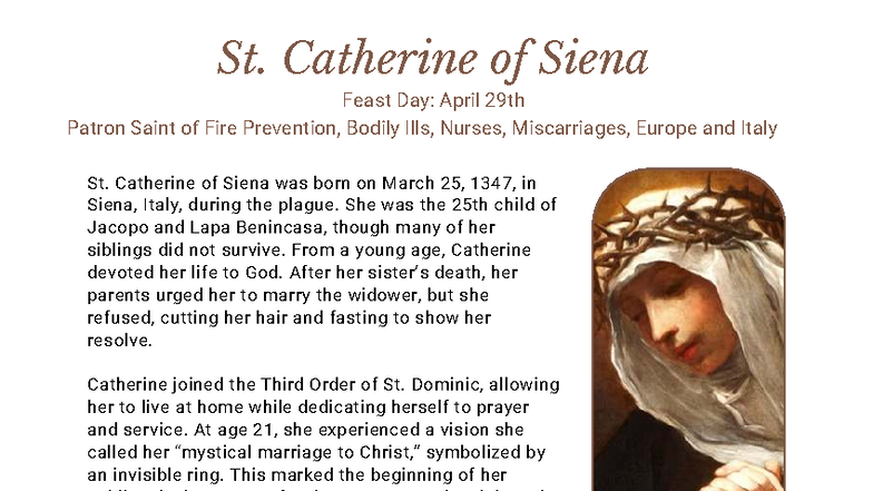 St. Catherine of Siena: Life, Legacy & Feast Day (April 29) - Studocu