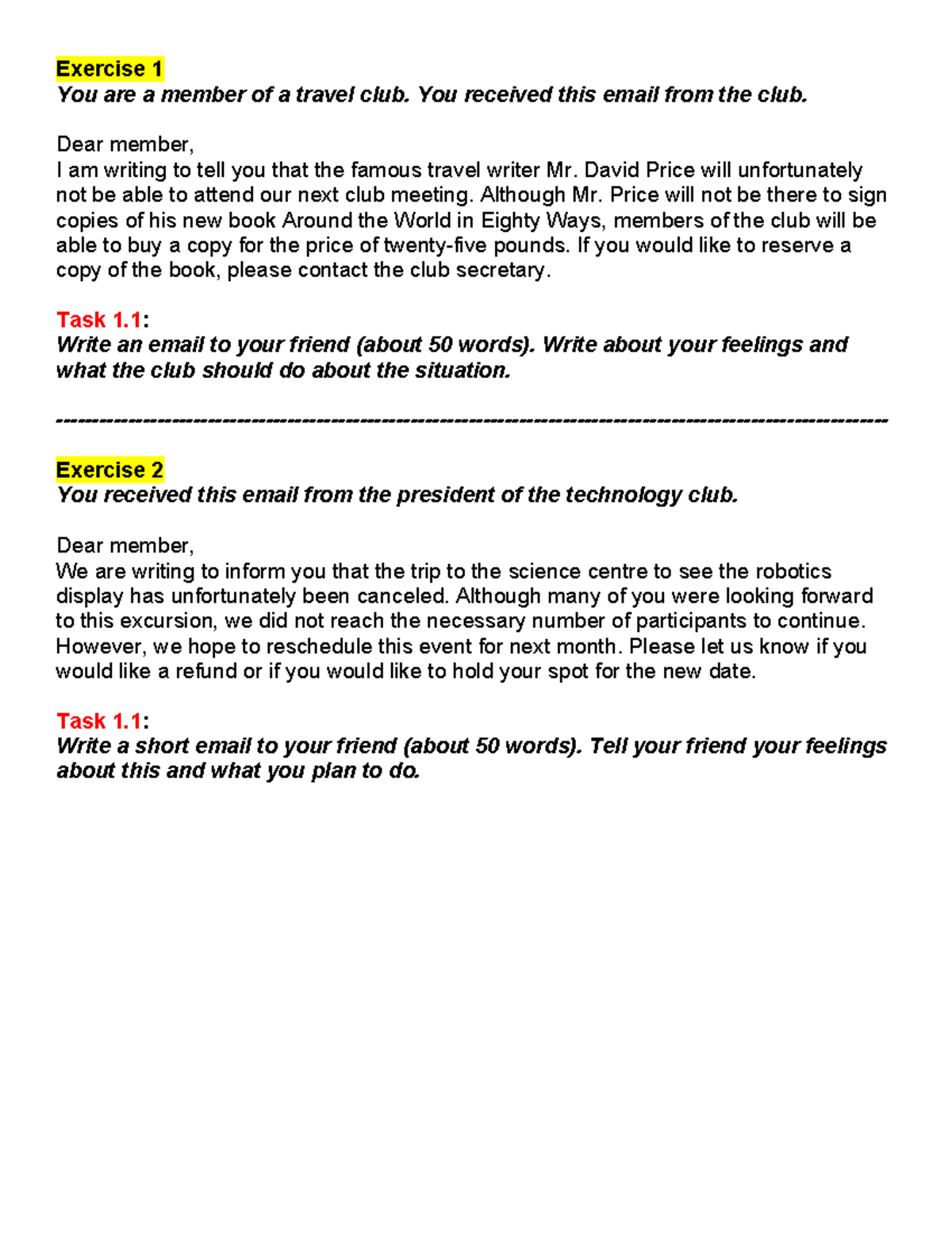 Writing Task 1: Travel & Tech Club Emails - Lesson Notes - Studocu