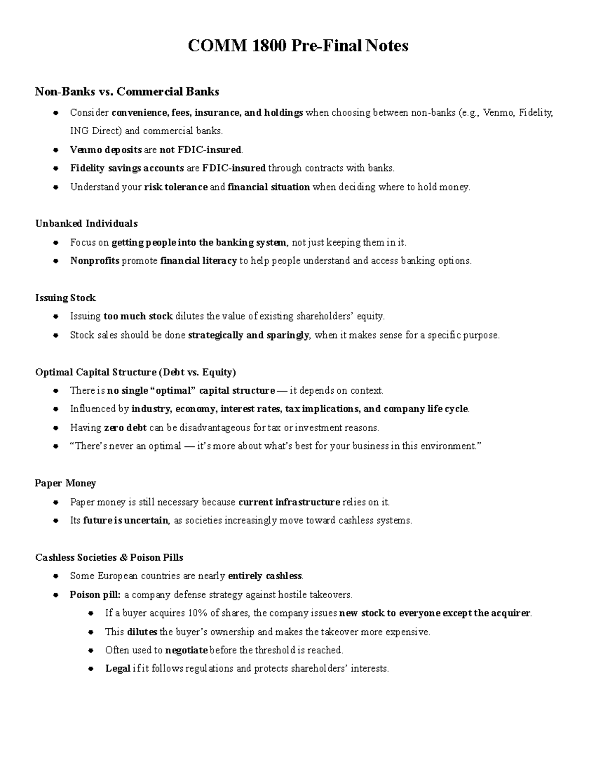 COMM 1800 Final Exam Study Notes on Banking, Operations, and Leadership ...