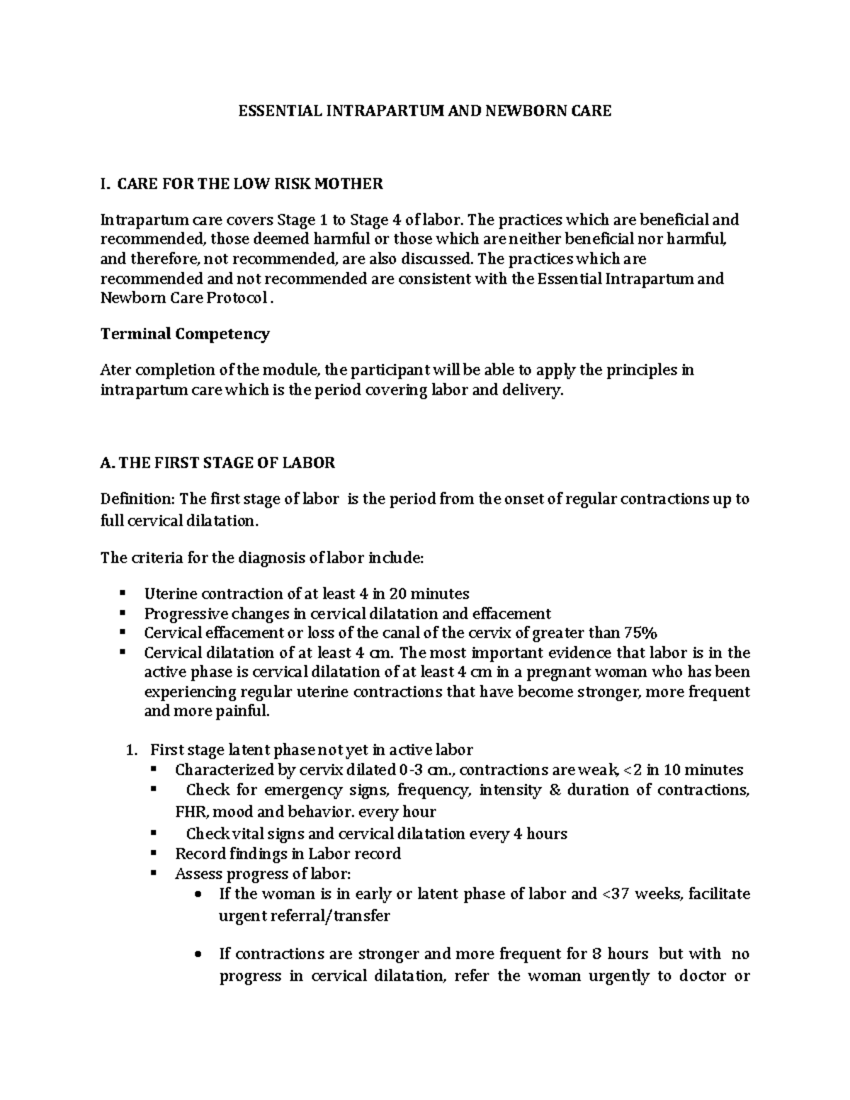 EINC Module: Essential Intrapartum and Newborn Care Overview - Studocu