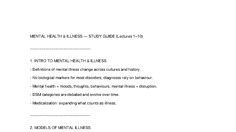 Mental Health Illness Study Guide (Intro to Mental Health) - Studocu