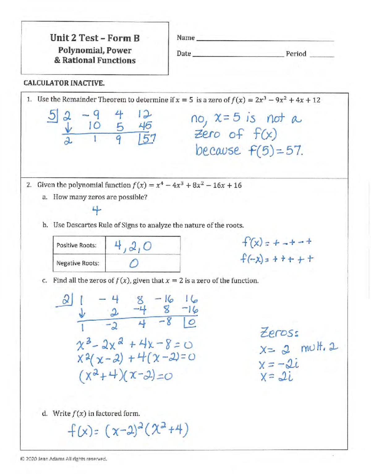 Unit 2 Free Response Test B Key - Unit 2 Test Form B Name Polynomial ...