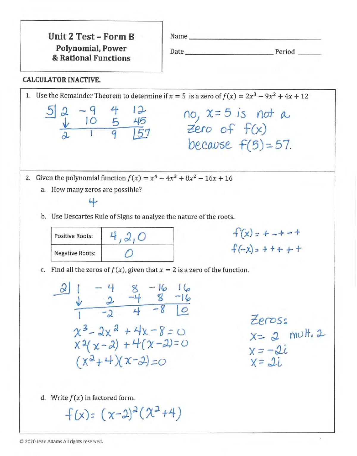 Unit 4 Quiz 1 Form B Key - Calculus test practice - Quiz Form B Name ...