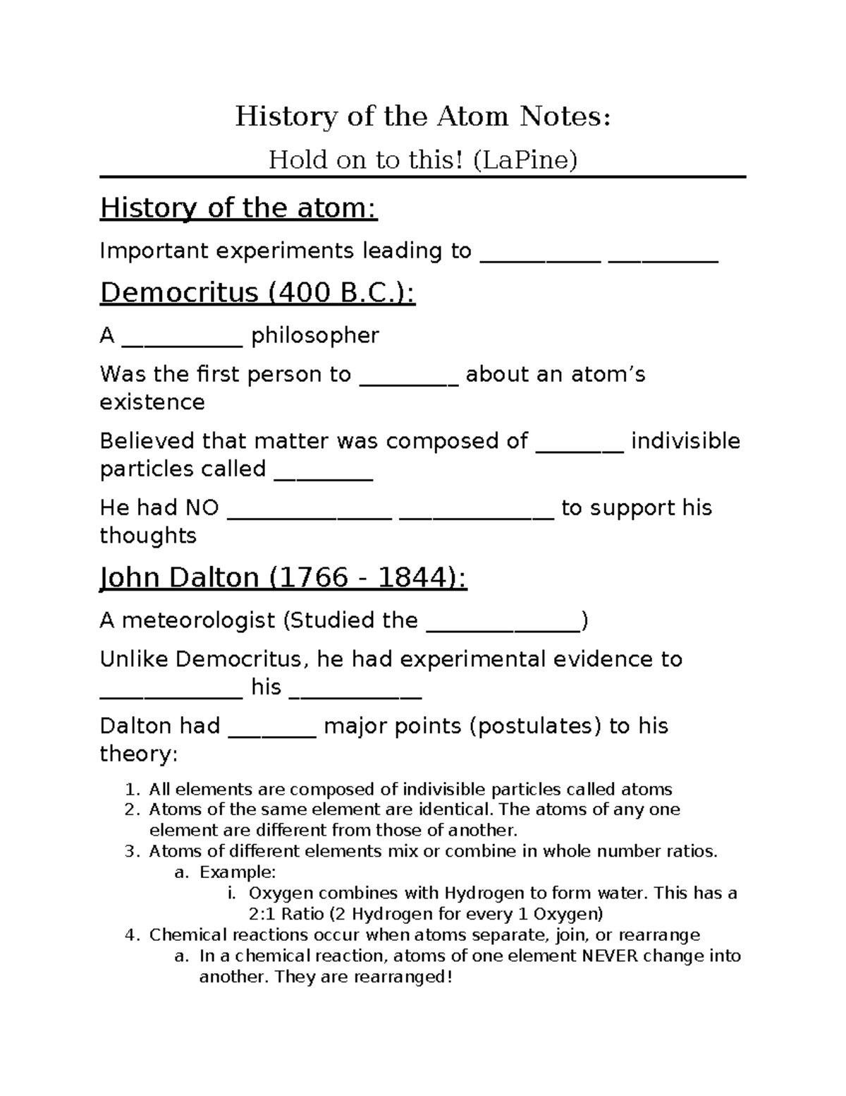 History of Atoms Guided Notes for Class 9 Chem (CHEM 101) - Studocu