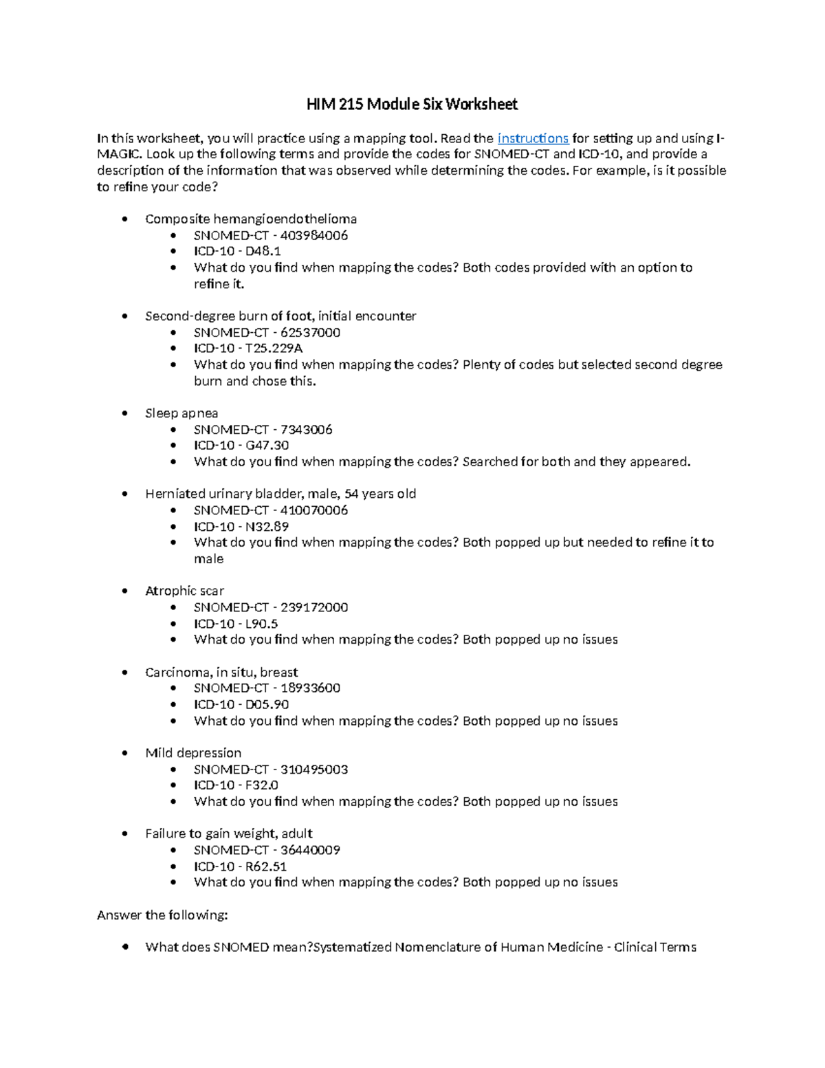 HIM 215 Module 6 Coding Practice Worksheet and SNOMED-CT Overview - Studocu