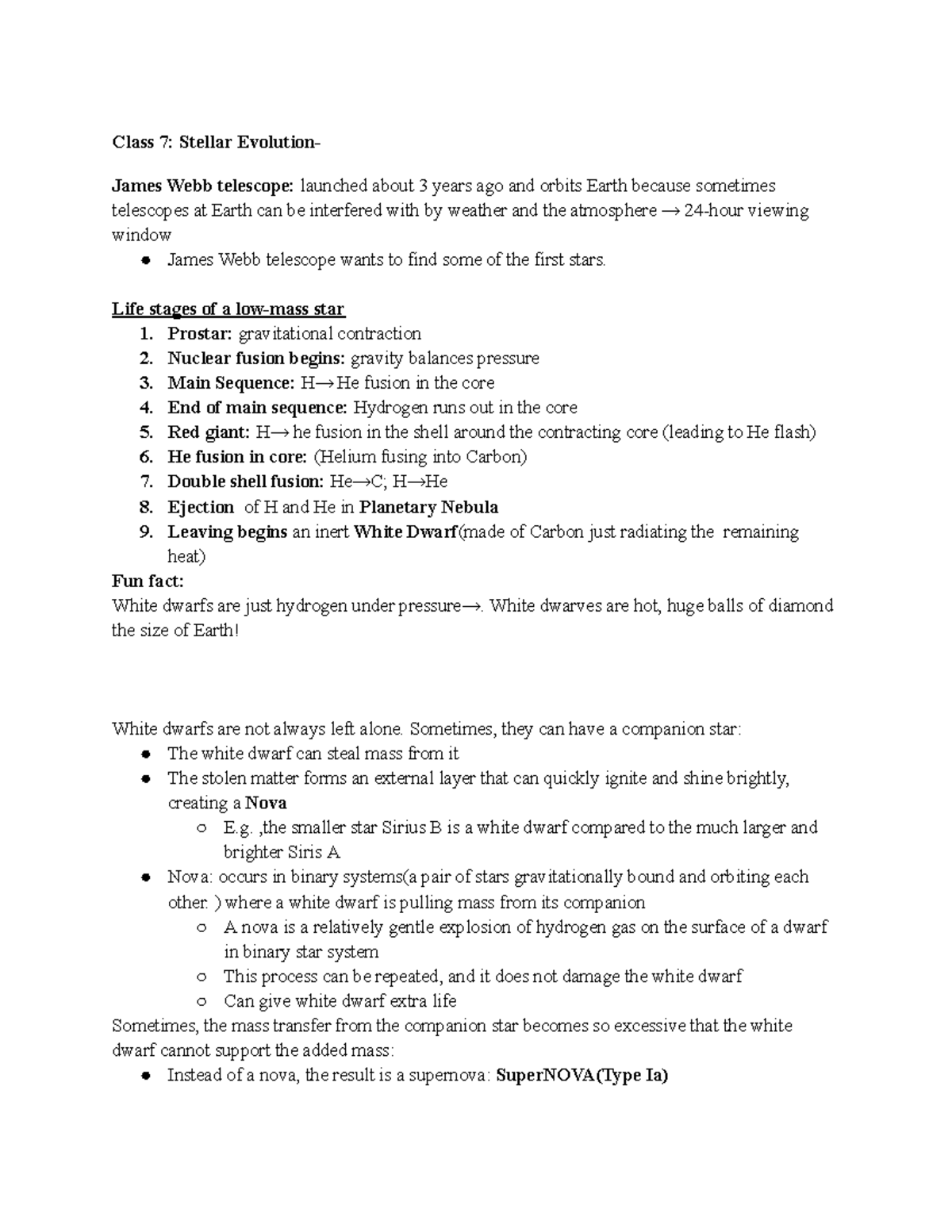 CPCS181 Notes - Lifecycle of a star - Class 7: Stellar Evolution- James ...