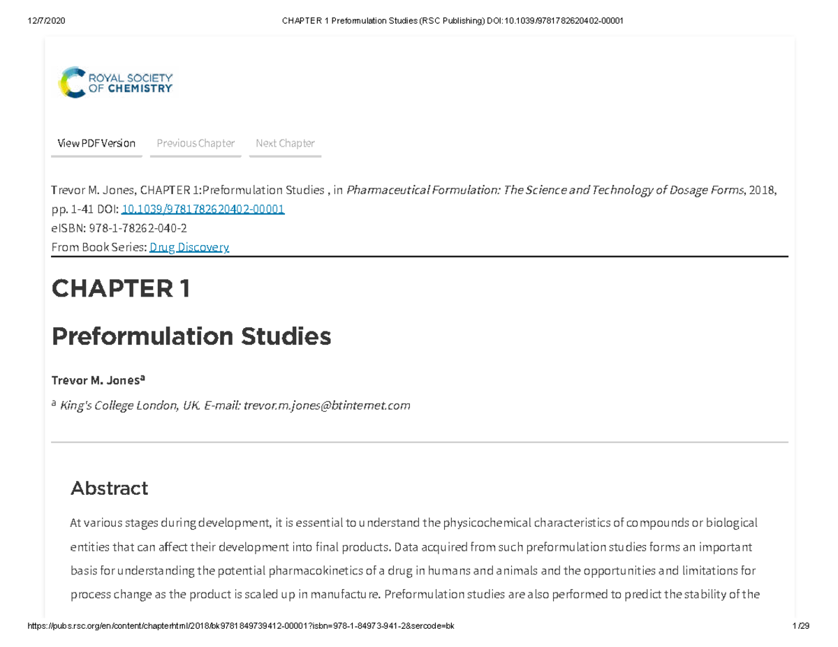 CHAPTER 1: Preformulation Studies in Pharmaceutical Development - Studocu