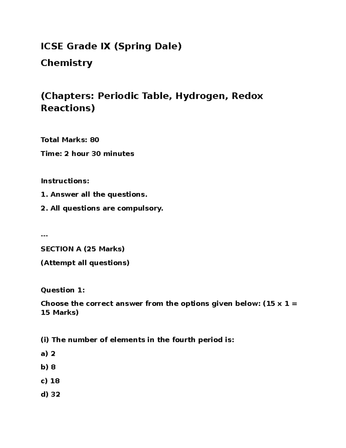 ICSE Grade IX Chemistry Exam: Periodic Table & Reactions (Total Marks ...